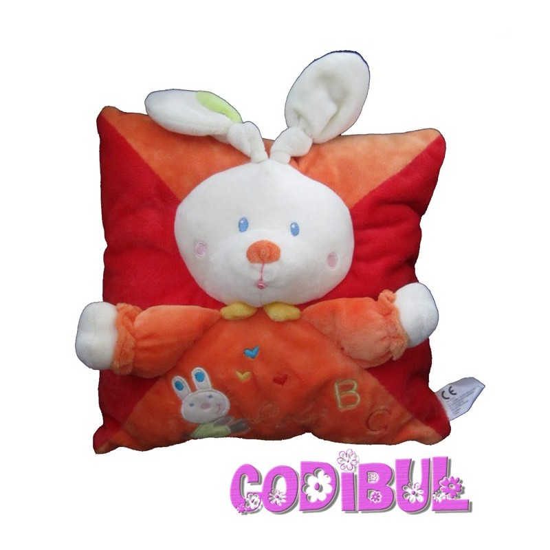 NICOTOY doudou coussin lapin rouge orange ABC